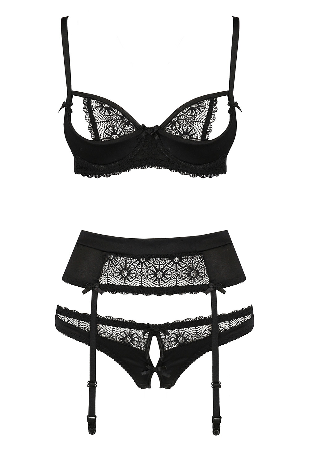 Nocna komplet biustonosz + stringi + pas do pończoch Avanua Hanan set black - sklep Kontri.pl
